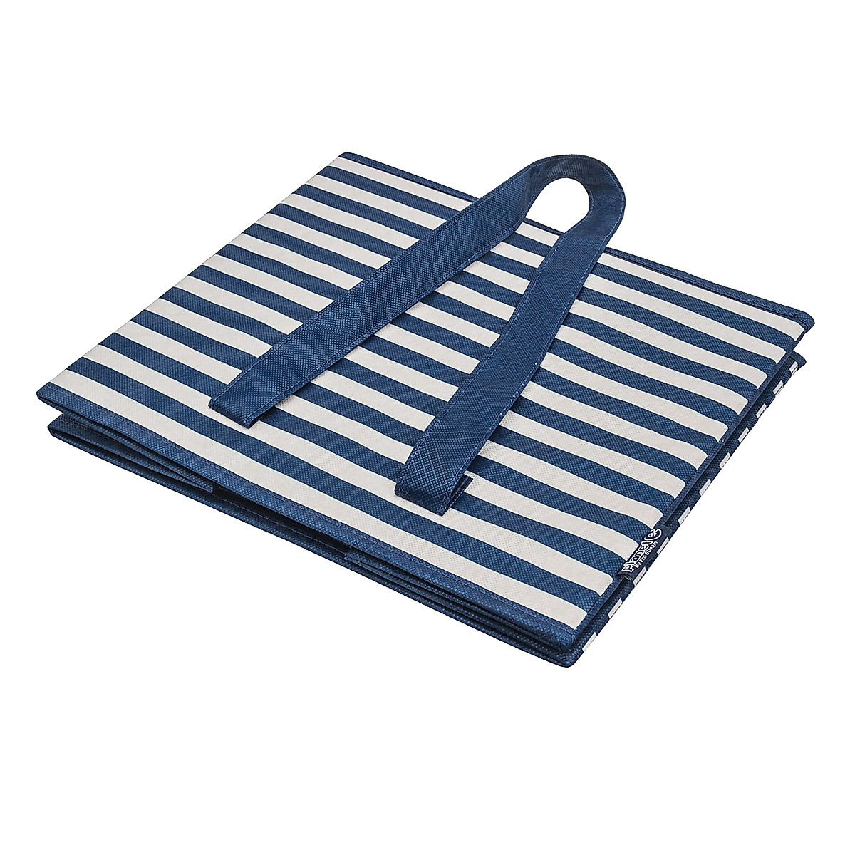 PLANET E Reusable Eco-Friendly Durable Heavy Duty Collapsible Long handle Grocery Tote Shopping Box Bag Set with Reinforced Bottom (2 Pack, Stripped Blue)