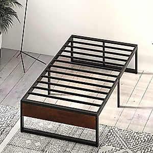 SHA CERLIN 14'' Twin Size Metal Platform Bed Frame with Rustic Wood & Reverse Holes/Ample Under-Bed Storage Space/Mattress Foundation/No Box Spring Needed/Easy Assembly/Noise Free, Metal Slats
