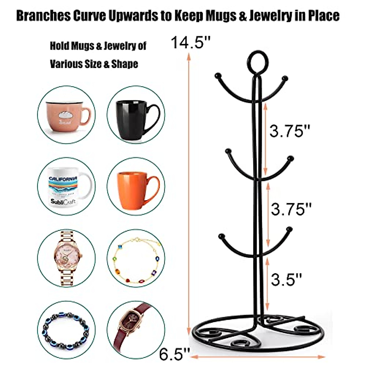 Yesland 2 Pack Mug Rack Tree - Metal Black Coffee Mug Tree for Counter with 6 Hooks - Large Kitchen Countertop Coffee Cup Holder Stand & Teacup Storage Rack for Organizing & Drying(Flower Pattern)