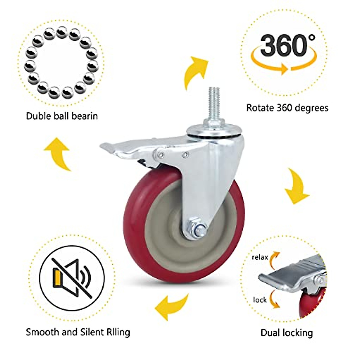 5" Heavy Duty Stem Casters,Caster Wheels with Brake Set of 4 Castors Swivel Casters M12x30mm,Free Accessories,Load 1100LBS