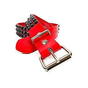 Patent Red Three Row Black Pyramid Stud Belt Vegan Leather Punk Goth Alternative USA Made (XL)