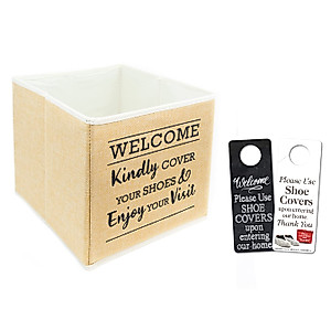 Premium Linen Look Foldable Shoe Cover Bin - Indoor Real Estate Bootie Box Perfect Supply for an Open House (11x11 Shoe Cover Bin, Linen)