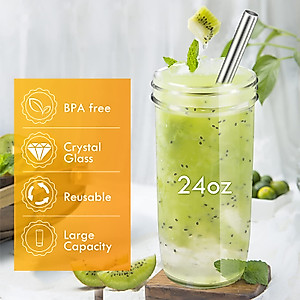 4 Pack Glass Cups with Lid and Straw, 24oz Boba Tea Cups, Wide Mouth Smoothie Cups, Reusable Drinking Glasses with Bamboo Lids for Beer, Boba Tea, Juice, Smoothie