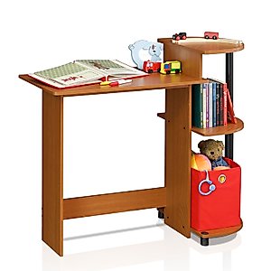 Furinno Compact Computer Desk with Shelves, Round Side, Light Cherry/Black