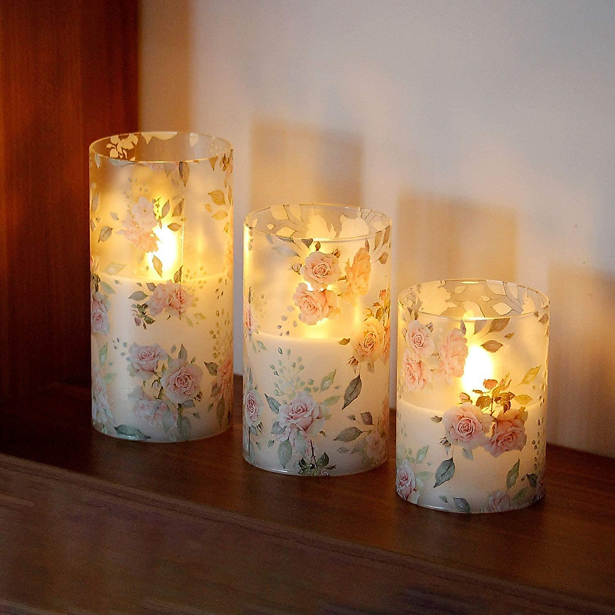 GORGE MOMENT Rose Flameless Candles Love Theme Battery Operated Glass Flickering LED Candle with Remote Pink Flower Decal Realistic Pillar Candles Bedroom Home Decor Table Ornament