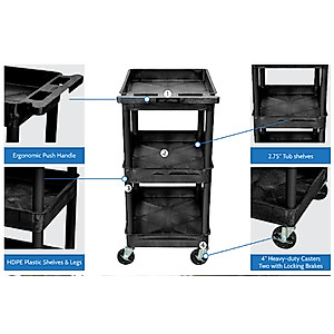 Offex 39.25" H Mobile Multipurpose Utility Tub Cart with 3 Shelves and Push Handle - Black, Great for Warehouse, Garage and More