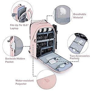 BAGSMART Camera Backpack, DSLR SLR Camera Bag Backpack Fits 15.6 Inch Laptop,Anti-Theft Waterproof Camera Case for Photographers and Women,with Rain Cover,Tripod Holder,Pink