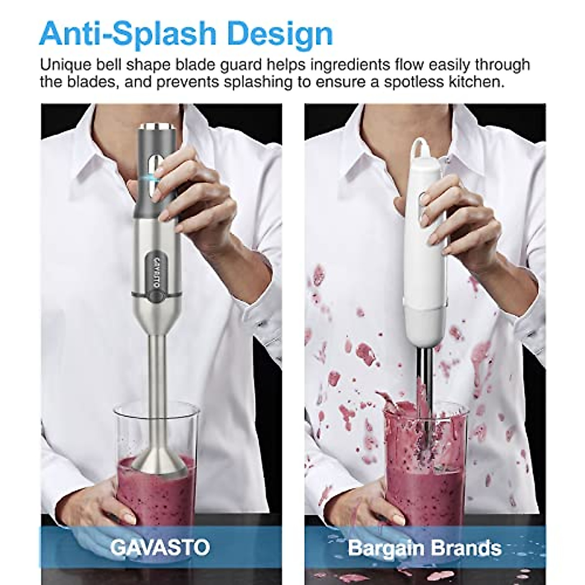 Gavasto Immersion Blender 600 Watts Scratch Resistant Hand Blender,15 Speed and Turbo Mode Hand Mixer, Heavy Duty Copper Motor Stainless Steel Smart Stick for Soup, Smoothie, Puree, Baby Food