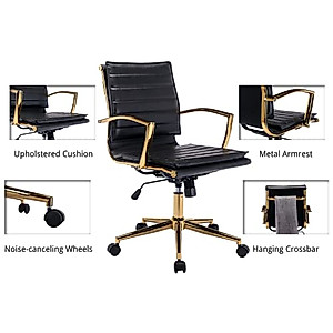Shunzhi Leather Desk Chair with Armrest PU Leather Office Midback Adjustable Home Computer Executive Swivel Conference Task Managers Chair with Chrome Base, Black and Gold