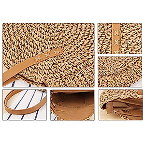 Straw Handbags Women Handwoven Round Corn Straw Bags Natural Chic Hand Large Summer Beach Tote Woven Handle Shoulder Bag (Khaki)