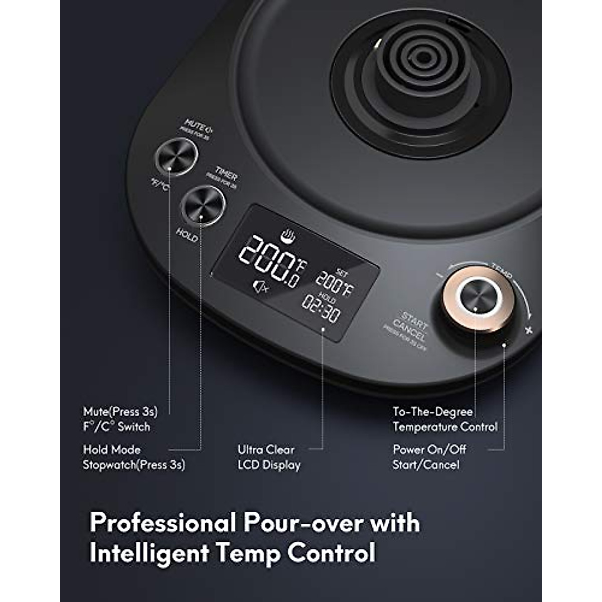 Gooseneck Kettle Temperature Control, Pour Over Electric Kettle for Coffee and Tea, 100% Stainless Steel Inner, 1200W Rapid Heating, 0.8L, Built-in Stopwatch, Matte Black