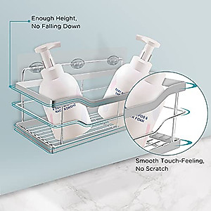 Sooreally Adhesive Shower Caddy Shelf Organizer, 2 Pack Bathroom Storage Rack with 8 Hooks and 3 Suction Stickers for Inside Shower, SUS304 Rustproof, No Drilling Wall Mounted (Polished Silver)