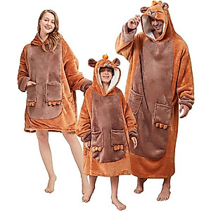 BRAFFWNE Oversized Wearable Blanket Hoodie, Long Sherpa Fleece Hooded Blanket for Adult Women Men and Children (Capybara, Adult)