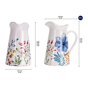 Bico Flower Carnival Ceramic 2.5 Quarts Pitcher with Handle, Decorative Vase for Flower Arrangements, Dishwasher Safe
