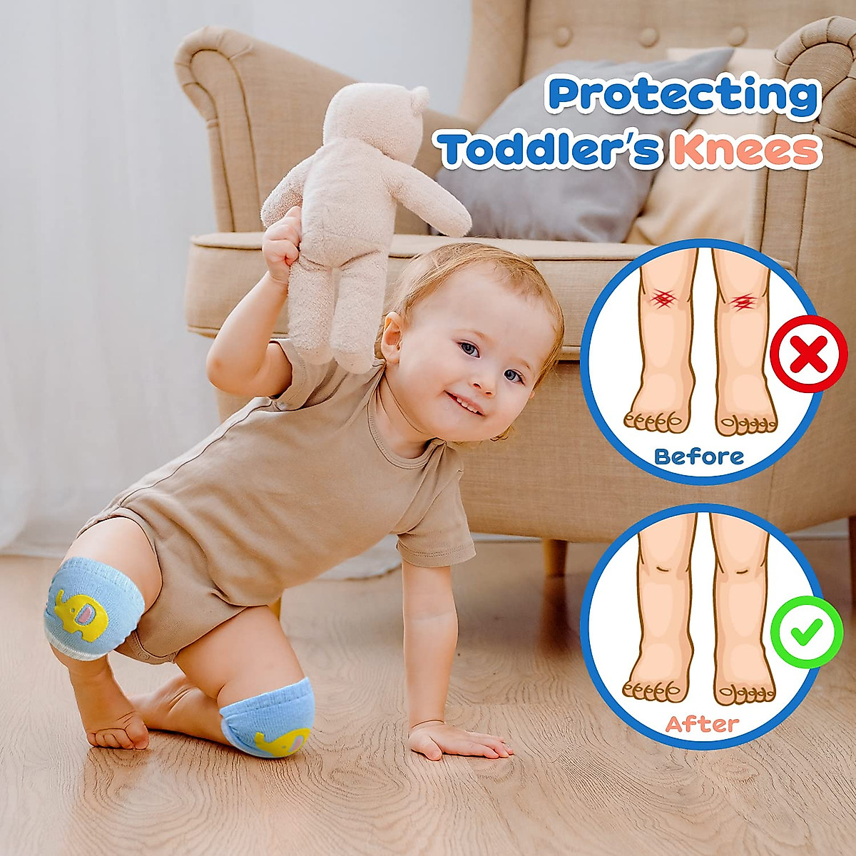 BOSONER Baby Knee Pads for Crawling,6 Pairs Crawling Anti-Slip Knee,Knee Protectors Unisex Babies Girl Boy Infant Toddlers Kneepads