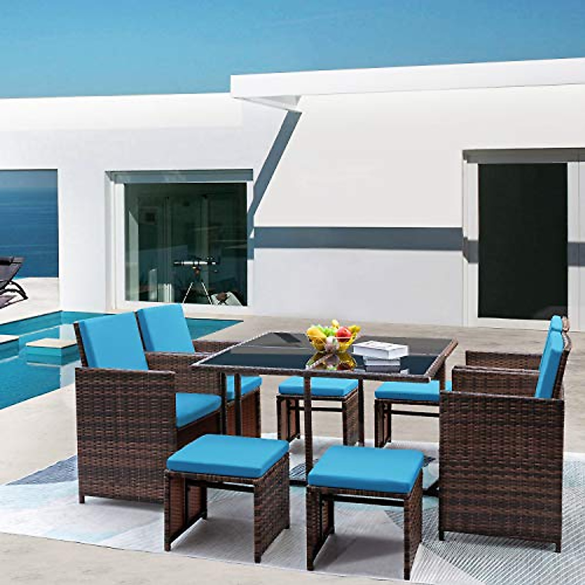 GUNJI 9 Pieces Patio Dining Outdoor Table and Chairs Table Set with Space Saving Rattan Chairs Patio Furniture Sets Cushioned Seating and Back (Blue)