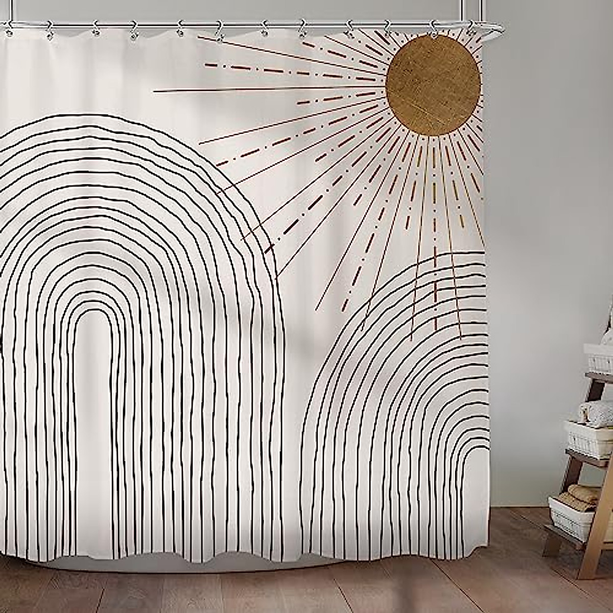 KOMLLEX Boho Abstract Sun Arches Shower Curtain for Bathroom Decor 72Wx72H Inches Mid Century Modern Minimalist Rainbow Sunshine Black Beige Simple Art Lines Fabric Waterproof Polyester 12 Pack Hooks