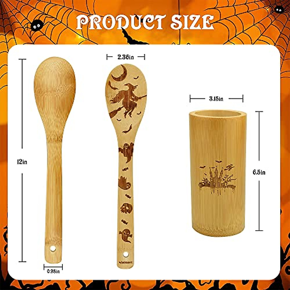 Nialnant Halloween Wooden Kitchen Utensil Set with Storage Bucket, Wooden Spoons for Cooking,Non-Stick Bamboo Cooking Utensils,Fun Gift Ideas for Women - Witch Pattern