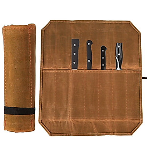 Knife Roll Bag, Portable Chef Knife Bag with 7 Slots Canvas Knives Pouch Knife Roll Case for Home Camping Picnic, Gift for Chefs or Cooking Lovers (Khaki)