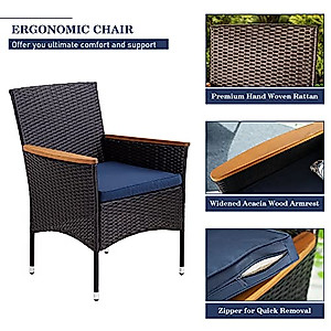 MFSTUDIO Patio PE Rattan Dining Chairs Set of 2,Modern Outdoor Wicker Chairs with Acacia Wood Armrests and Removable Cushion for Porch, Balcony, Garden