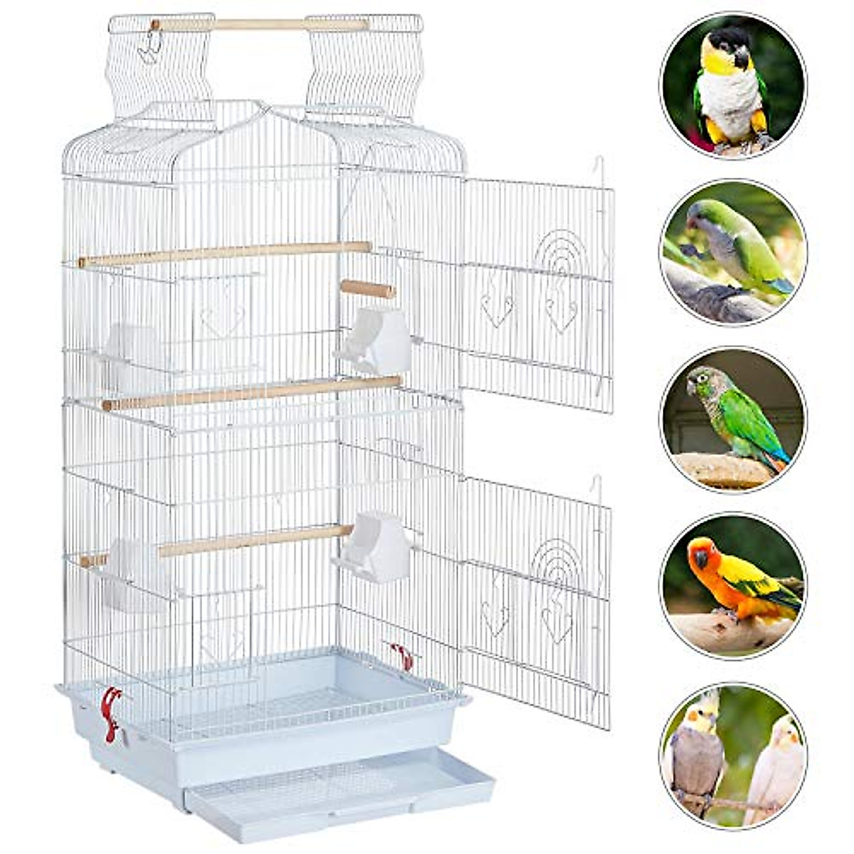 Yaheetech 41'' Open Top Medium Size Quaker Parrot Bird Cage Cockatiel Indian Ring Neck Sun Parakeet Green Cheek Conures Lovebird Budgie Canary Finch Parrotlet Bird Cage, White