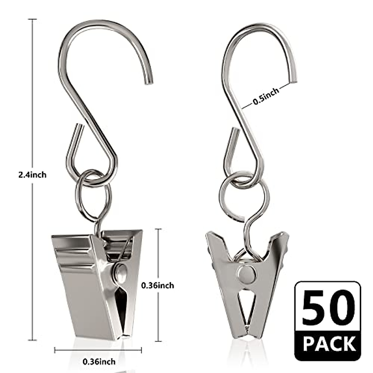 50PCS Curtain Clips with S Hooks for Hanging Party String Lights Outdoor Wire Holders Clamp Hangers Gutter Hooks, Stainless Steel Silver