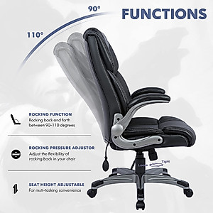 High Back Executive Office Chair- Ergonomic Home Computer Desk Leather Chair with Padded Flip-up Arms, Adjustable Tilt Lock, Swivel Rolling Chair for Adult Working Study-Black