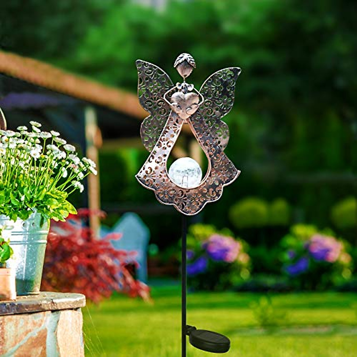 KAIXOXIN Solar Garden Stake Lights Metal Angel Solar Warm White LEDs Stake Light Memorial Gift - Solar Angel Lights Perfect as Angel Remembrance Gifts & Sympathy Gifts (Angel-Bronze)