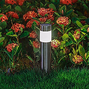 Solar Bollard Lights Outdoor - 6 Pack Stainless Steel Warm White LED Landscape Lights Waterproof Decorative Lighting for Backyard Lawn Patio