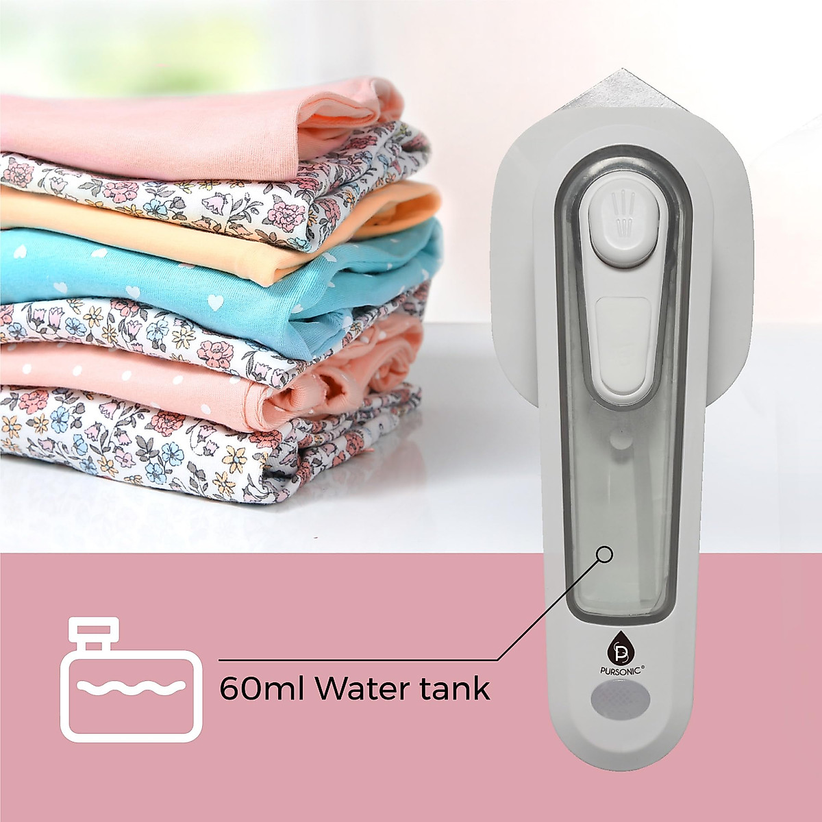 Pursonic Mini Portable Electric Iron with Quick Warm-Up, 60ml Water Tank - Small & Lightweight Ironing Board for Home & Travel - Fine Mist Travel Iron Mini with Steam
