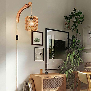 Plug-in Wall Sconces, Hemp Rope Pendant Light, Hand Woven Wall Lamp with Natural Paper String Lampshade, Farmhouse Wall Sconce Wall Mounted Light Boho Hanging Lamp for Bedroom Living Room (2 in1 DIY)