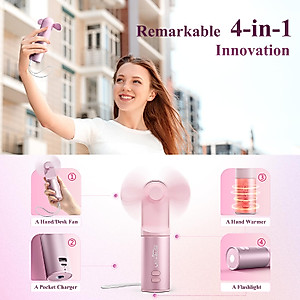 Portable Handheld Mini Fan, 4 in 1 Rechargeable Usb Fan, Small Hand Fan,Personal Desk Fan with Power Bank, Hand Warmer,Flashlight for Travel Camping