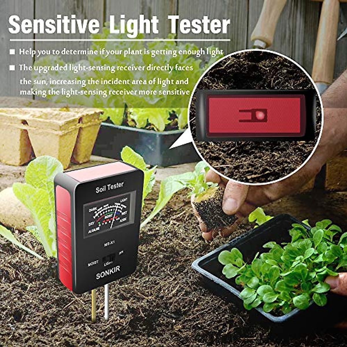 SONKIR Soil pH Meter, MS-X1 Upgraded 3-in-1 Soil Moisture/Light/pH Tester Gardening Tool Kits for Plant Care, Great for Garden, Lawn, Farm (Black)