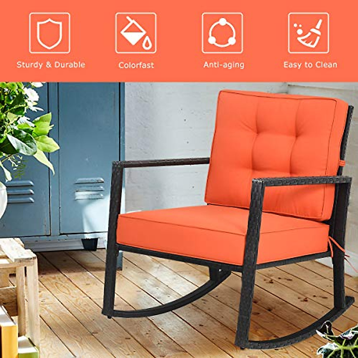 Tangkula Wicker Rocking Chair, Outdoor Glider Rattan Rocker Chair with Heavy-Duty Steel Frame, Patio Wicker Furniture Seat with 5” Thick Cushion for Garden, Porch, Backyard, Poolside (1, Orange)