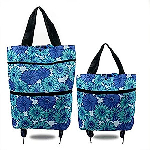 Trolley Folding Shopping Bag Collapsible Two-Stage Zipper Folding Shopping Bags 2 in 1 Foldable Shopping Portable Cart with Wheels Lightweight Storage Bag for Shopping Fruits Vegetables (Orchid)