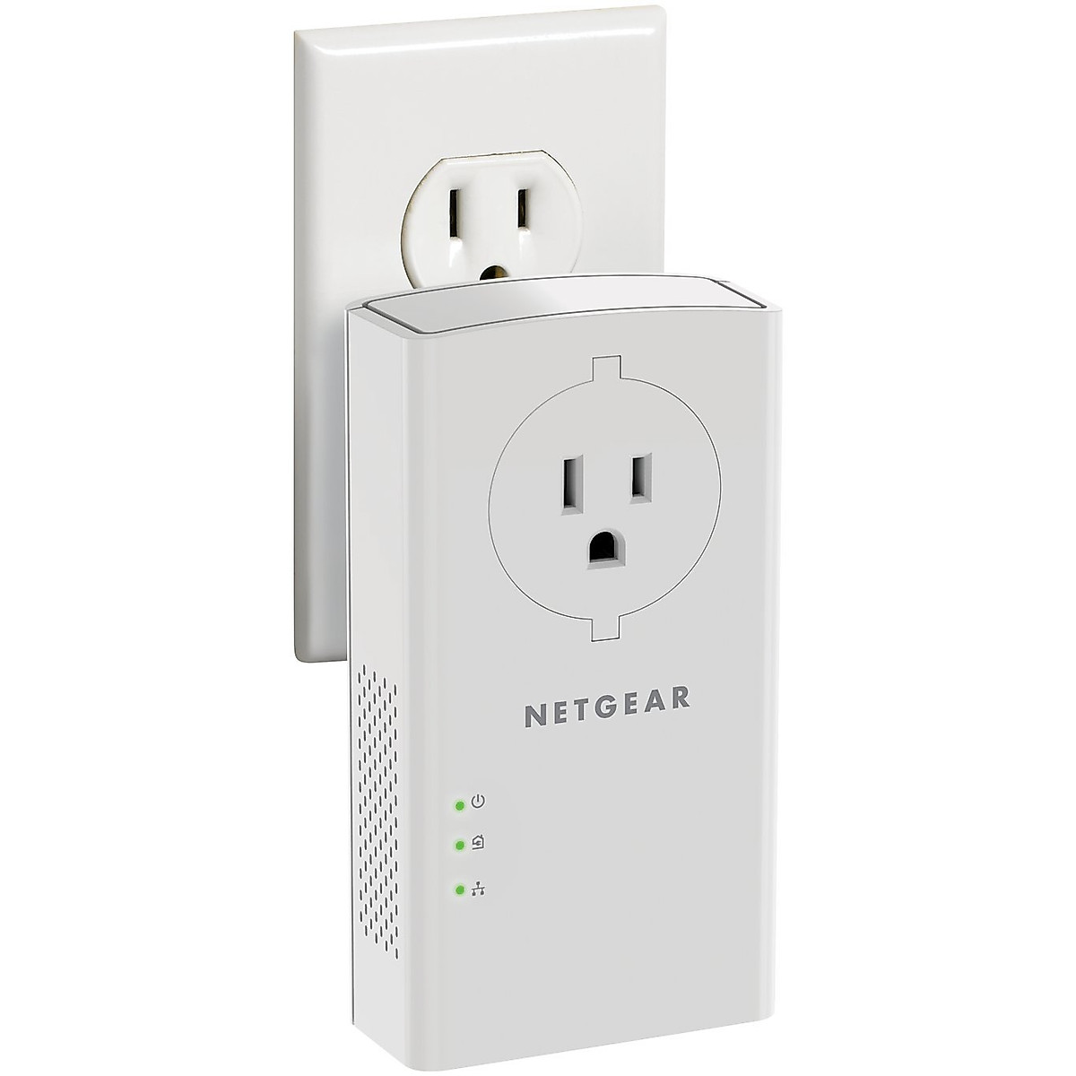NETGEAR Powerline adapter Kit, 2000 Mbps Wall-plug, 2 Gigabit Ethernet Ports with Passthrough + Extra Outlet (PLP2000-100PAS), White