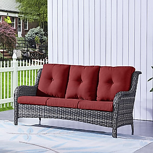 HUMMUH Outdoor Furniture 5 Pieces Patio Furniture Set Wicker Outdoor Sectional Sofa with 2 Patio Chairs,Ottomans(Grey/Red)