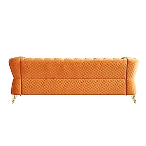Vensico Modern Velvet Sofa Couch for Living Room, 87.4 Inch Long Tufted Sofa Unique Upholstered Couch Oversized Sofa Decor Furniture with Golden Metal Legs (Orange)