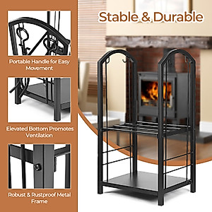 Tangkula Firewood Rack with 4 Fireplace Tools, Firewood Rack Bin Log Holder with Fire place Assecories Tools Set Includes Brush, Shovel, Poker, and Tongs(17.5 x 12 x 29.5 inches)