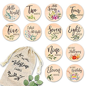 Beautiful Baby Monthly Milestone Cards - The Perfect Newborn Photography Props to Document Your Baby´s Growth - 10 Reversible Wooden Circles/Discs incl. Announcement & Hello World Sign