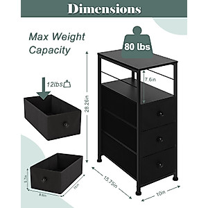 MOOACE Narrow Dresser for Bathroom, Slim Dresser Storage Cabinet, Chest of 3 Fabric Drawers with Wood Shelf, Bedroom Organizer Tower for Small Space, Closet, Laundry, Black