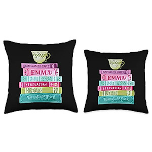 Jane Austen Cool Gifts Tees Funny Jane Austen Book Stack Tea Fans Vintage Literary Throw Pillow, 16x16, Multicolor
