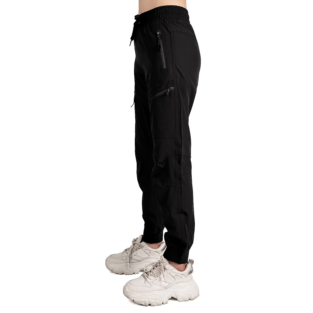 Singbring Women's Athletic Hiking Cargo Joggers Pants Outdoor Workout Lightweight Quick Dry UPF 50 Zipper Pockets (Black88-M)