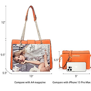 Dasein Women Fashion Tote Bags Handbag Purse Chain Shoulder Bag Top Handle Bag Hobo With Matching Clutch (Orange)