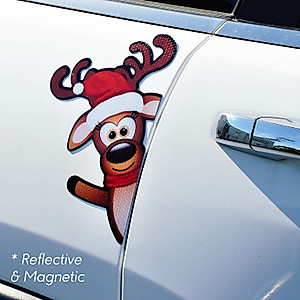 Bigtime Signs XL 4 Piece Reflective Magnetic Reindeer Car Kit - Funny Christmas Car Decorations + 2 Jingle Bells Magnets - Holiday Automotive Magnet (Waving Reindeer)