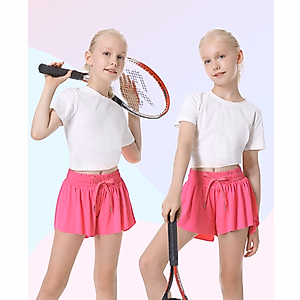 QooNoo Girls Butterfly Shorts with Pocket Flowy Athletic Shorts High Waist Preppy Running Shorts for Kids Teen (Hot Pink,Small)