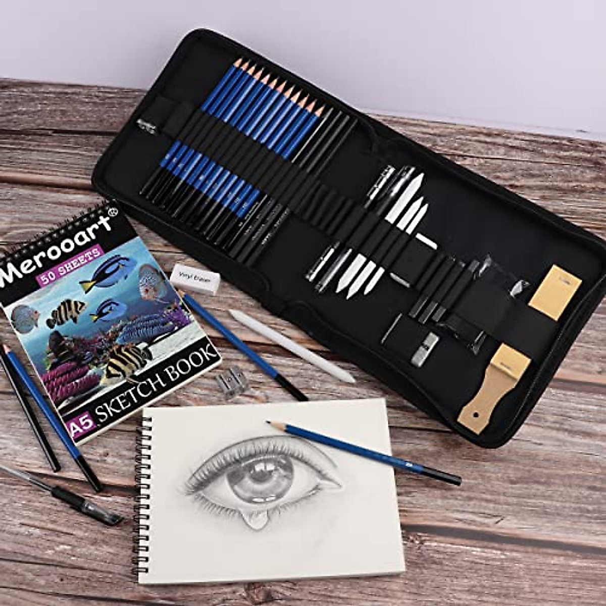 Merooart 37 Professional Drawing Pencil Set-A complete art sketching set for beginners and professional artists, with two 50-page sketchbooks, charcoal sticks, graphite sticks and erasers, zipper box