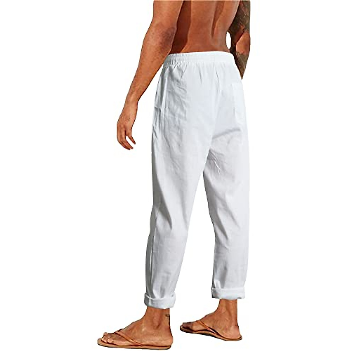 NANAMEEI Men Summer Linen Pants for Men Casual Beach Pants Trousers for Men with Drawstring Pocket White M