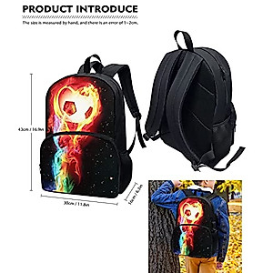 Poetesant Colorful Fire Football Black 3 Pack School Bookbag+Picnic Organizer+Water Bottle Bag Flaming Soccer Ball Backpack with Lunch Bag Water Bottle Strap