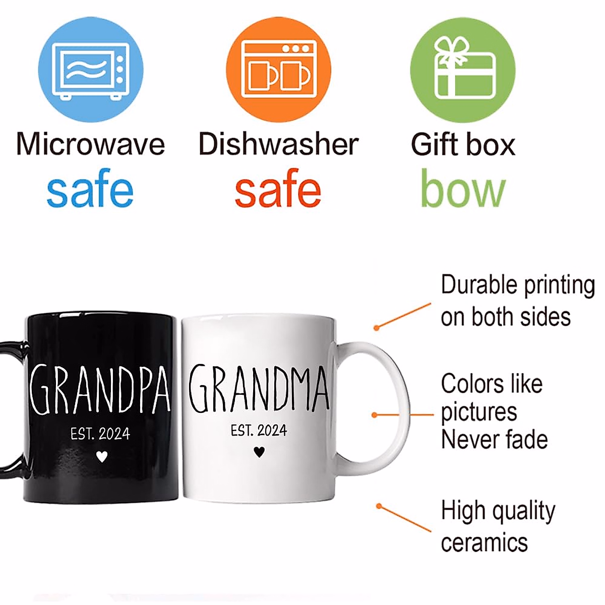 FALJIOK 2Pcs Grandparent Coffee Mugs 11oz Est 2024 Set, 2024 Best Congratulatory Gifts for Grandparent Mom Dad, Christmas Birthday Thanksgiving Gifts for Grandma Grandpa Black & White